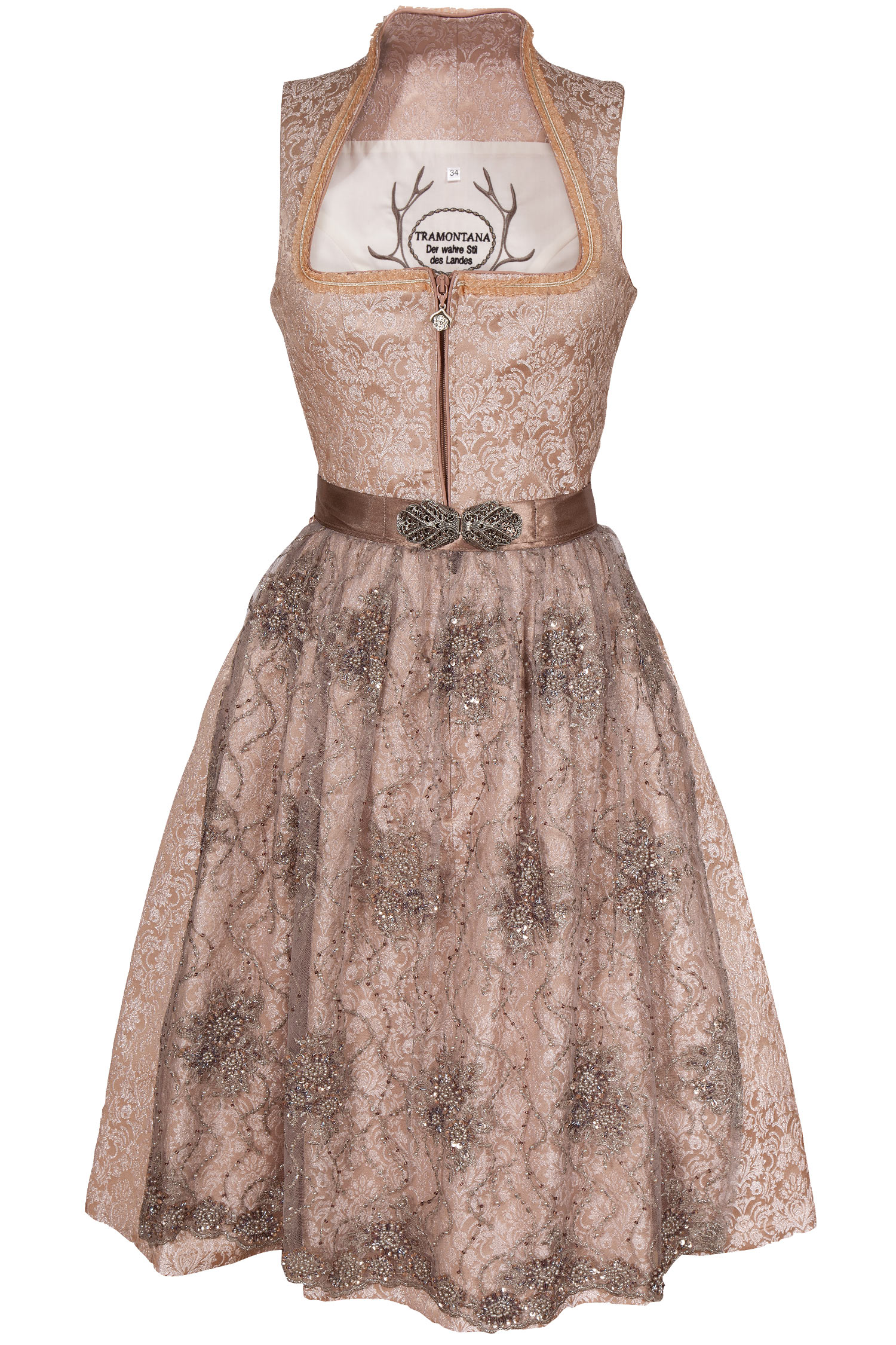 Designer Dirndl apricot mit Spitzenschürze von Tramontana